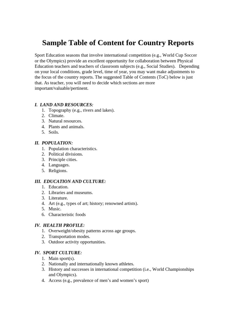 Country Report Table of Contents | PDF