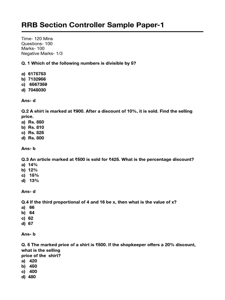 RRB Section Controller Sample Paper (English) | PDF | Sphere | Area