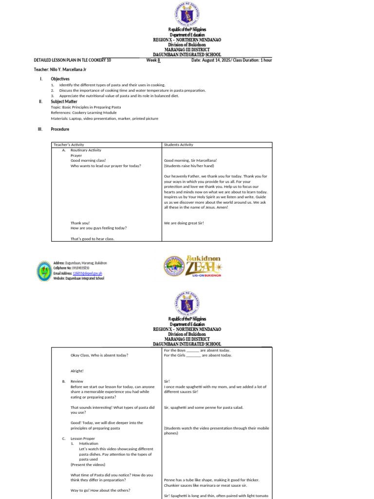 DETAILED LESSON PLAN IN TLE COOKERY 10 | PDF | Pasta | Spaghetti
