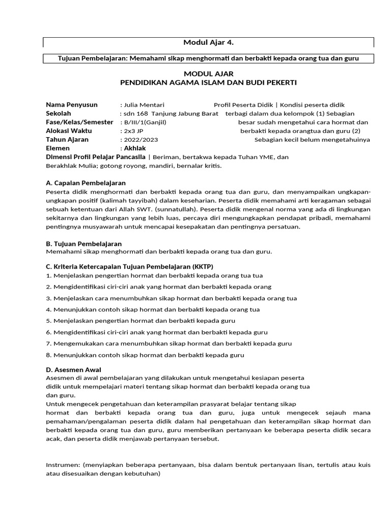 Modul 4 Sikap Hormat _ Bakti Kepada Orang Tua | PDF