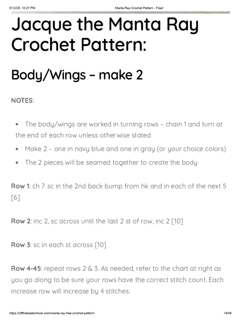 Free Crochet Manta Ray Pattern | PDF | Crochet | Crafts