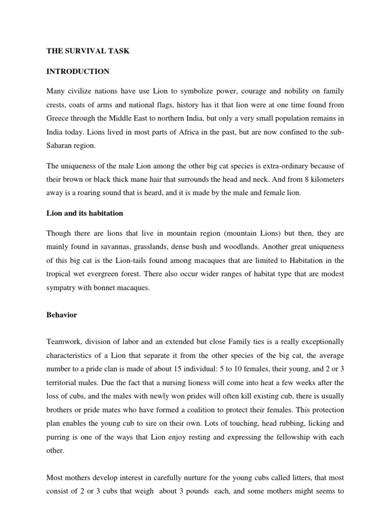 The Survival Task | PDF | Lion | Hunting