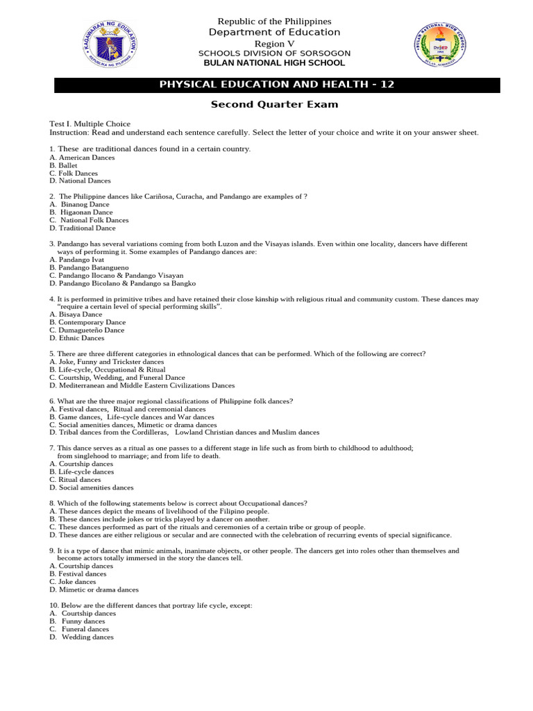 Philippine Folk Dance Exam Questions | PDF | Ballroom Dance | Dances