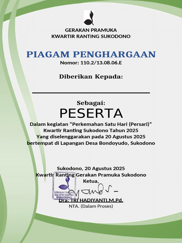 Piagam - Peserta Persari - 20 Agustus 2025 - 0. ... | PDF