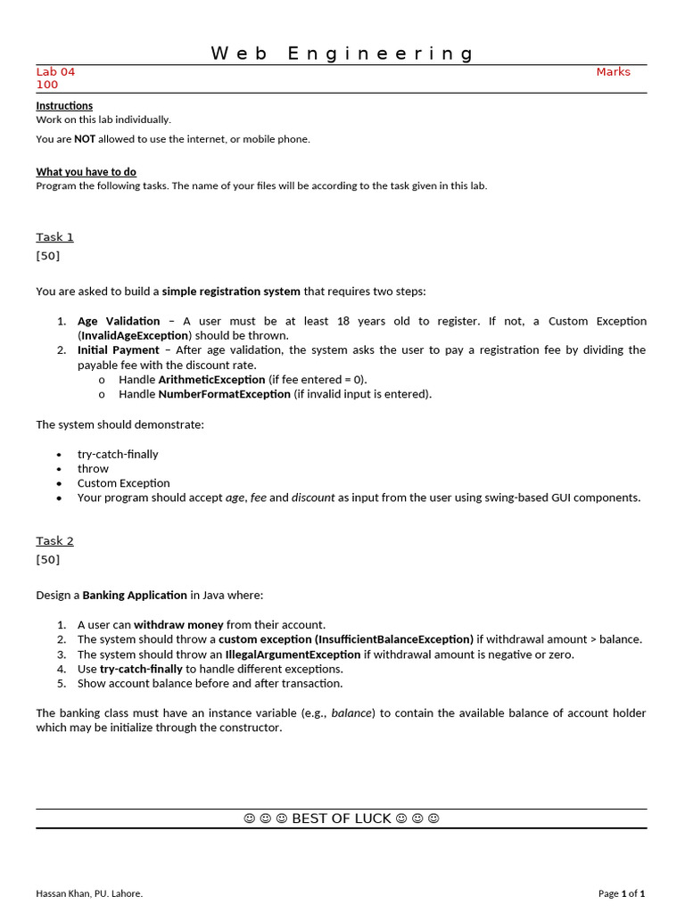 Lab 04 - Exception Handling | PDF