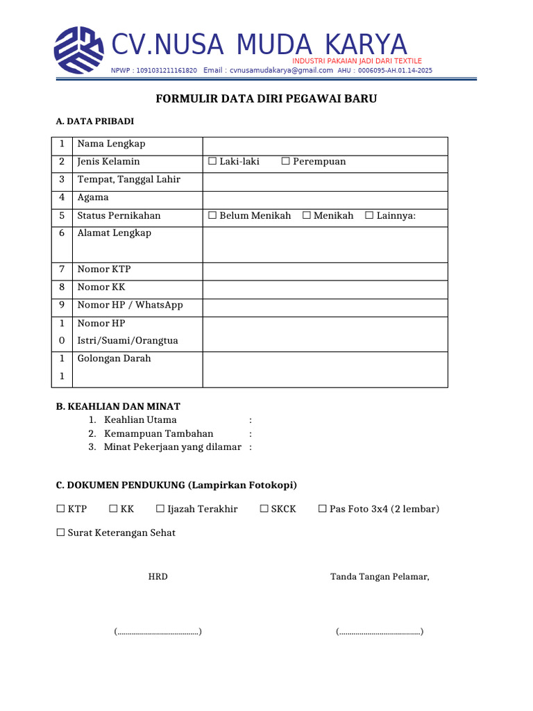 Formulir Data Diri Pegawai Baru CV Nusa Muda Karya | PDF