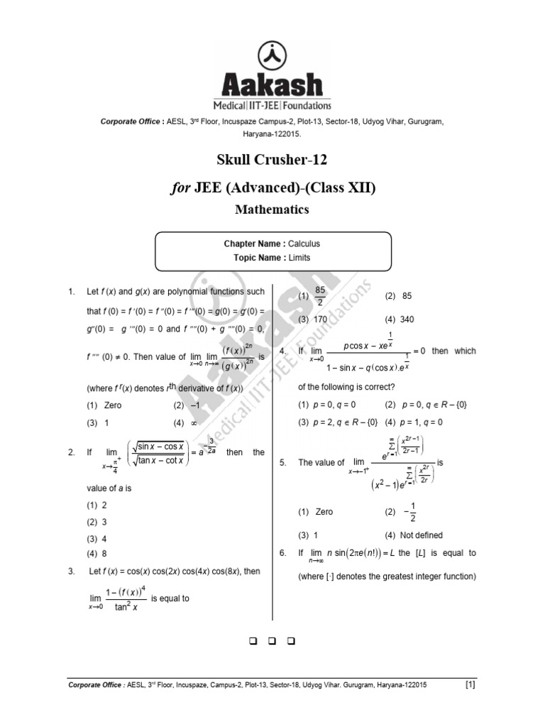 Skull Crusher 12 Class XII JEE (Adv) Mathematics Ques+Key Final | PDF ...