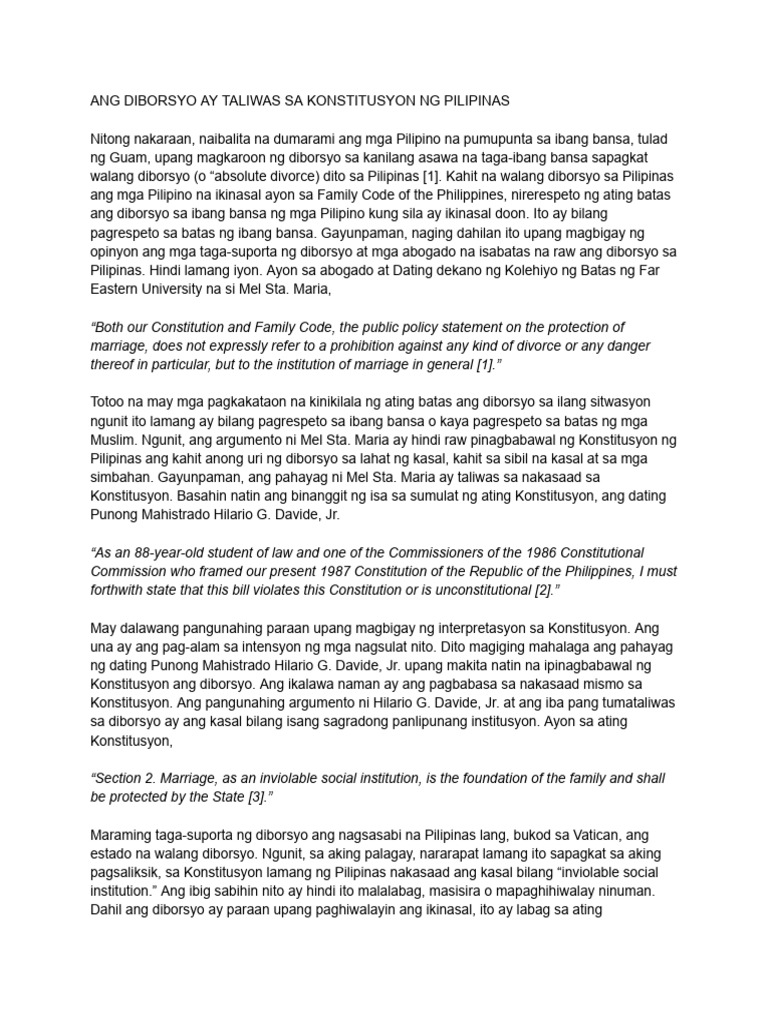 Ang Diborsyo Ay Taliwas Sa Konstitusyon NG Pilipinas | PDF