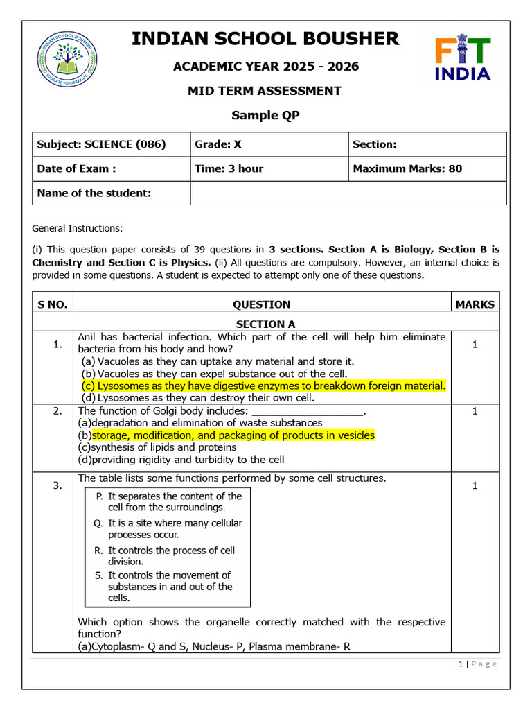 Isb Science GR Ix Mid Term Sample QP Ak Ay-2025-26 | PDF | Tissue (Biology) | Velocity