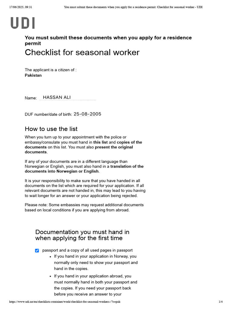 UDI Seasonal Worker Permit Checklist | PDF | European Economic Area ...