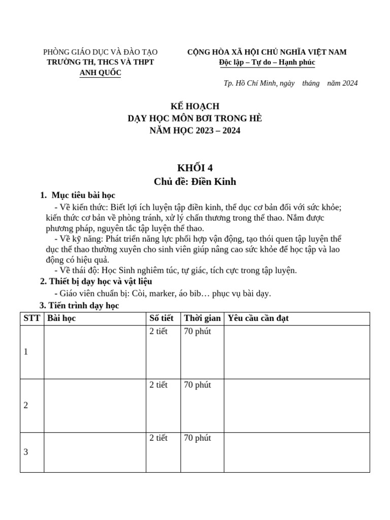 KHDH Bơi Hè | PDF