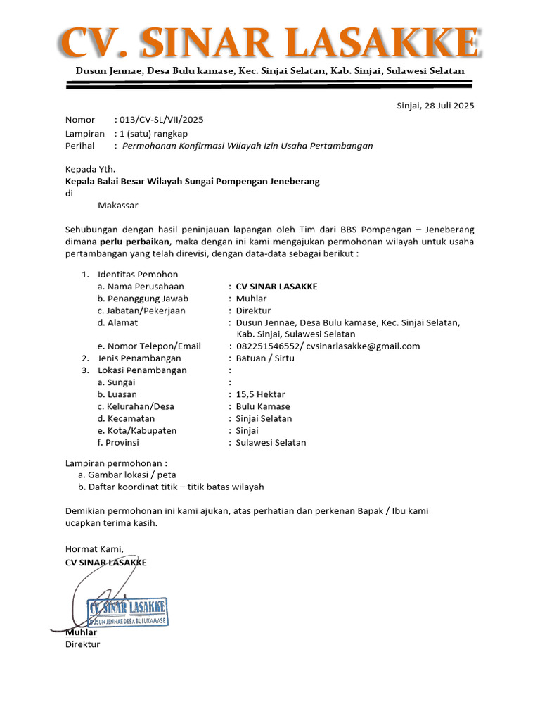 Surat Permohonan (Titik Koordinat Dan Peta) 2025 Revisi CV. Sinar ...