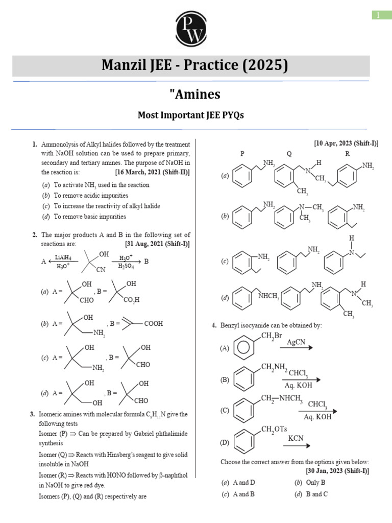 Amines - PYQ Sheet (Questions) - Manzil JEE 2025 | PDF | Amine ...