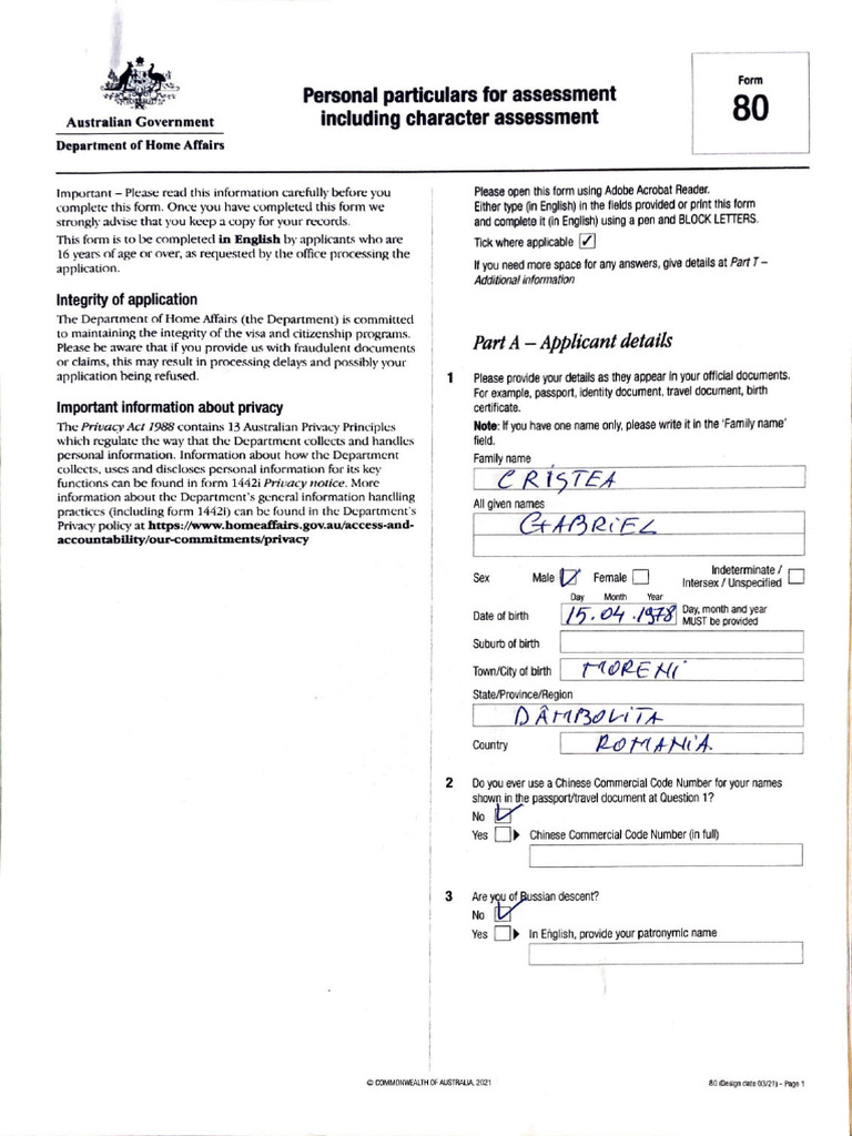 personal particulars for assessment including charachter assessment ...