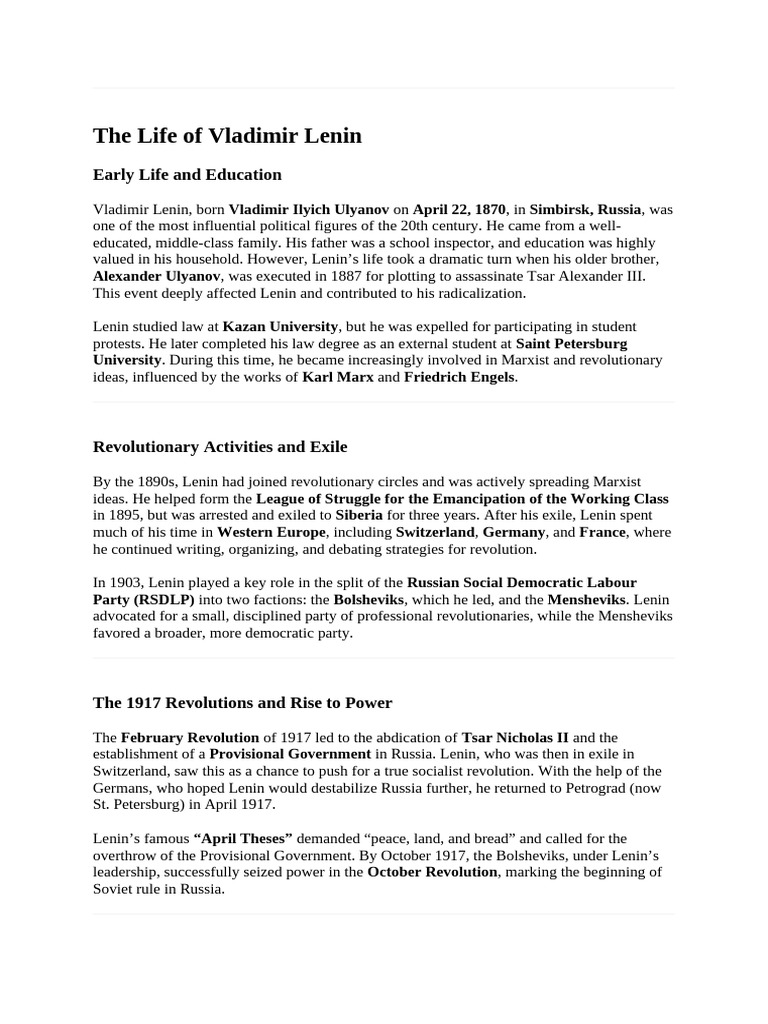 The Life of Vladimir Lenin | PDF | Vladimir Lenin | Communism