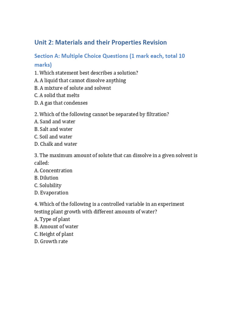 Unit 2 Revision Questions | PDF | Solubility | Water