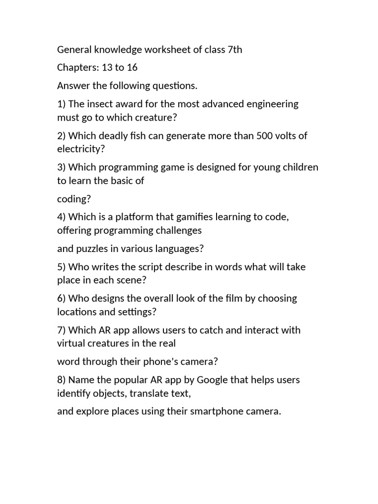 General Knowledge Worksheet of Class 7th | PDF