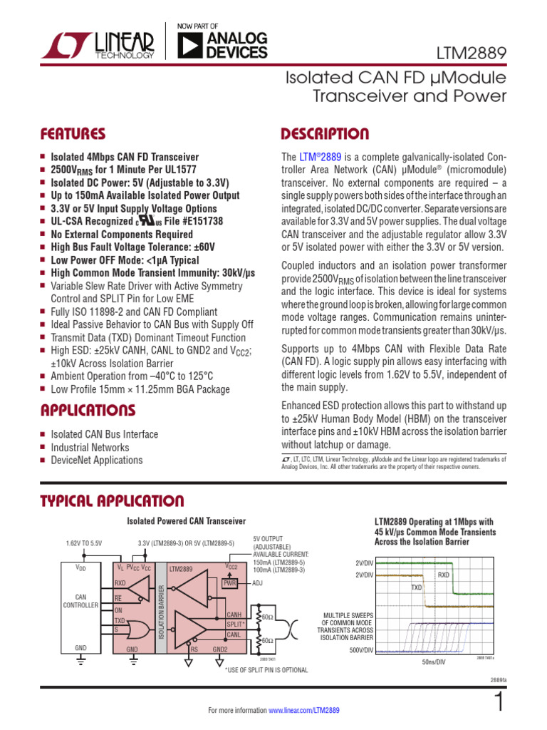 Isolated CAN FD Transceiver LTM2889 | PDF | Power Supply | Electricity