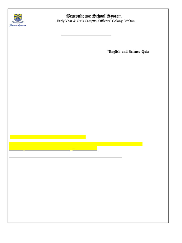 HRCA English and Science Quiz 2025-26 | PDF | Linguistics | Cognitive ...