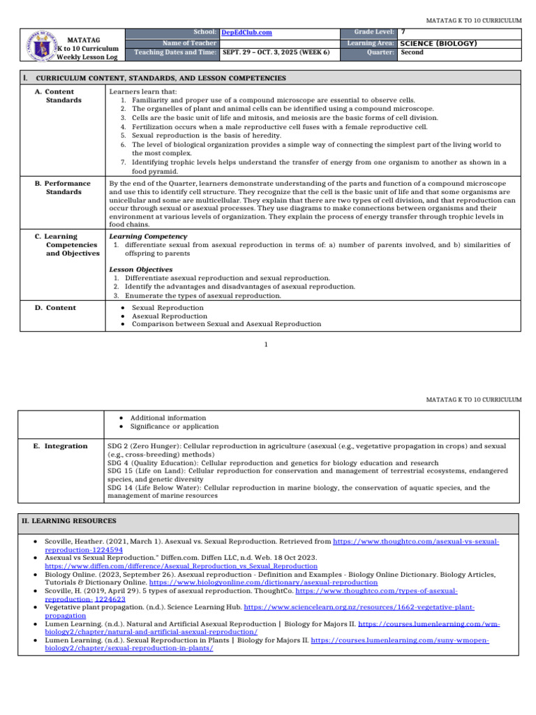 DLL Matatag - Science 7 Q2 W6 | PDF | Reproduction | Sexual Reproduction