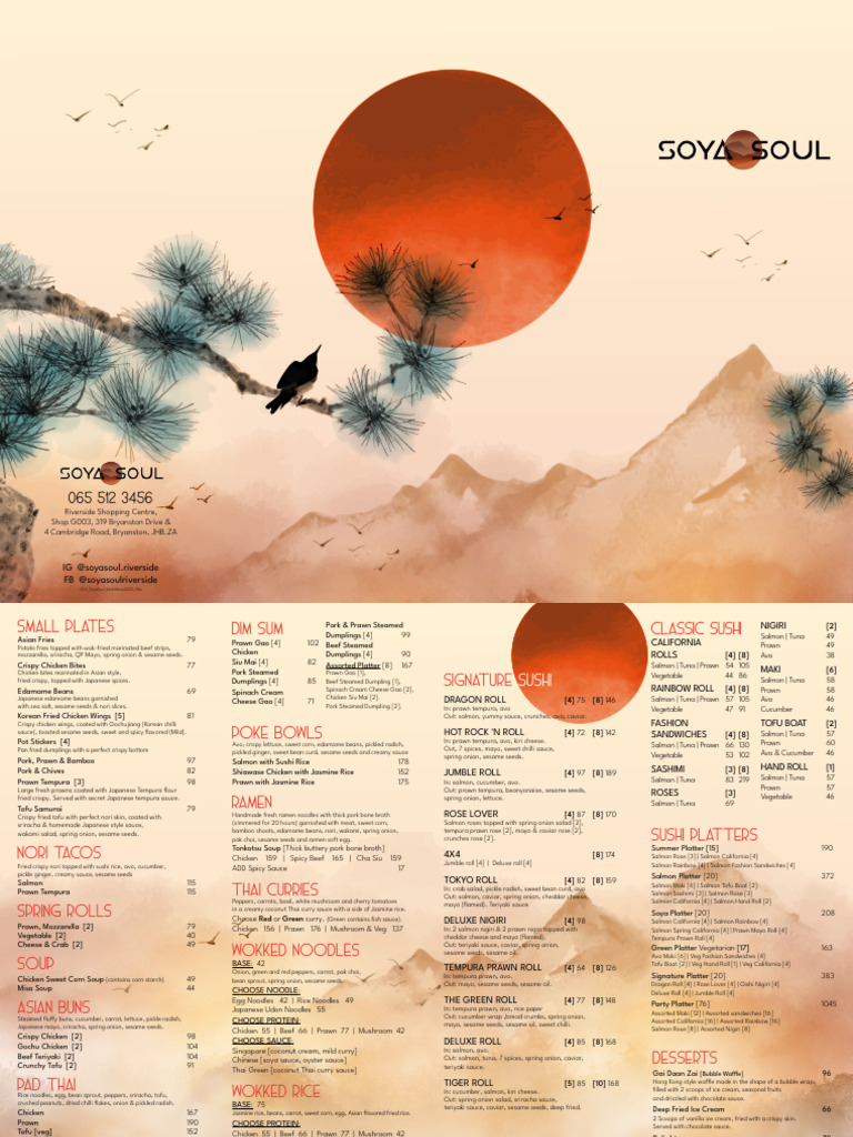 Soya Soul Menu: Sushi & Asian Cuisine | PDF | Sushi | Thai Cuisine