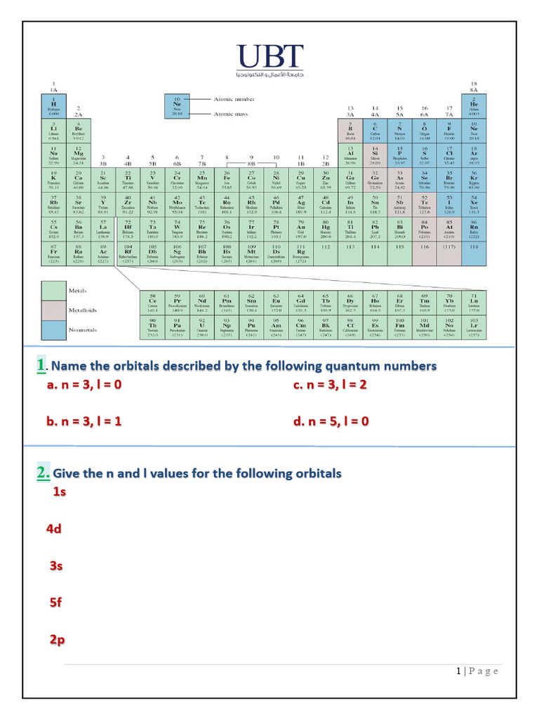 Quantum Numbers Worksheet - Chemistry 101 SQX | PDF