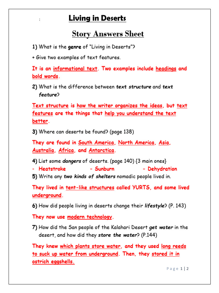 Story Answers - Living in Deserts Gr.3 | PDF