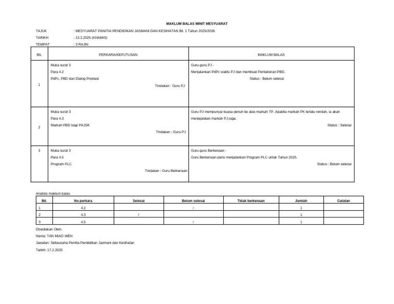 Contoh 2025 - Borang Maklum Balas Bil 1 | PDF