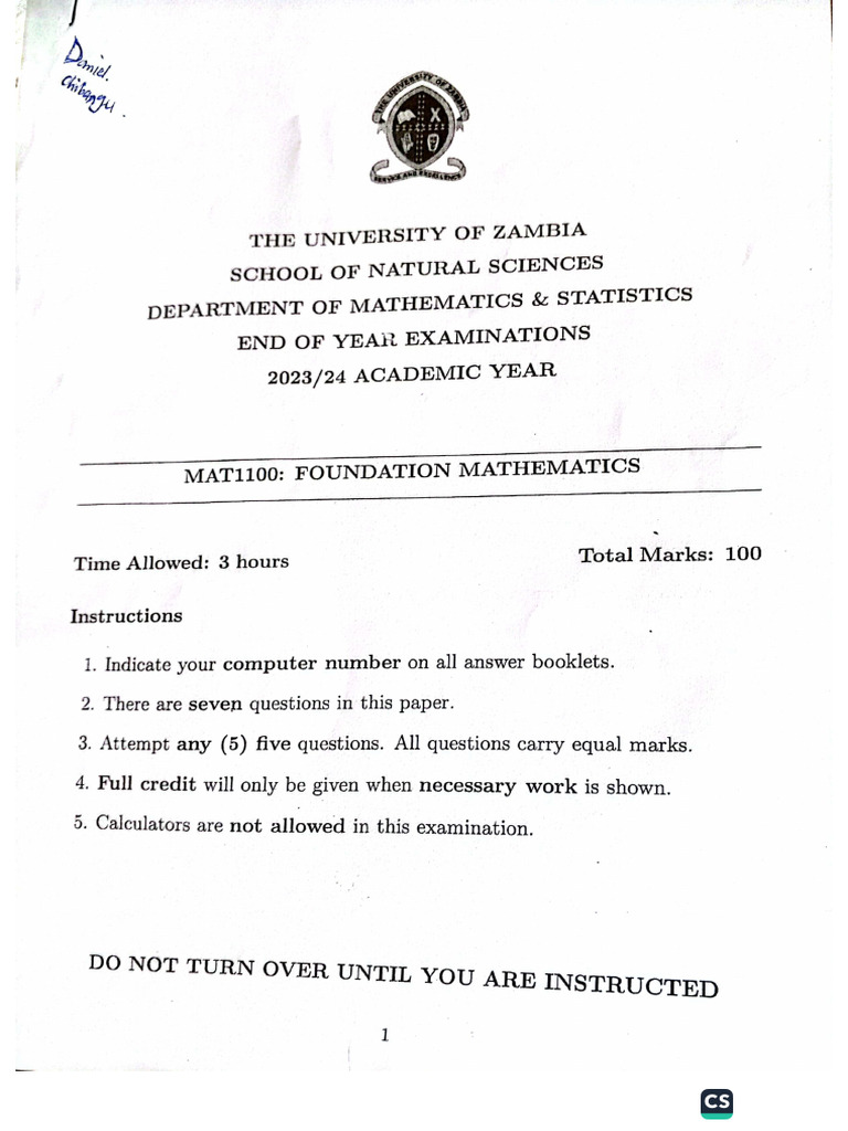Unza Mat 1100 202324 Academic Year | PDF