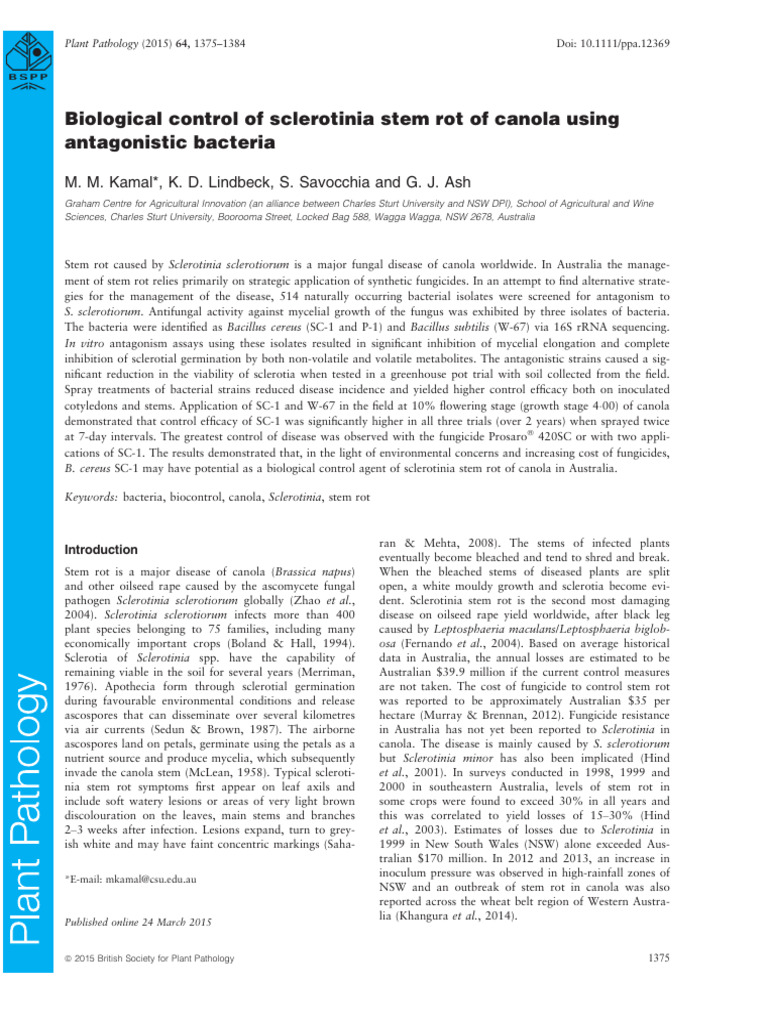 Biological Control of Sclerotinia Stem Rot of Canola Usingantagonistic ...