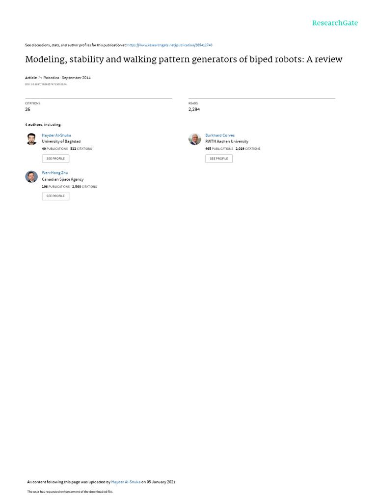 Modeling, Stability and Walking Pattern Generators of Biped Robots: A Review | PDF | Kinematics ...