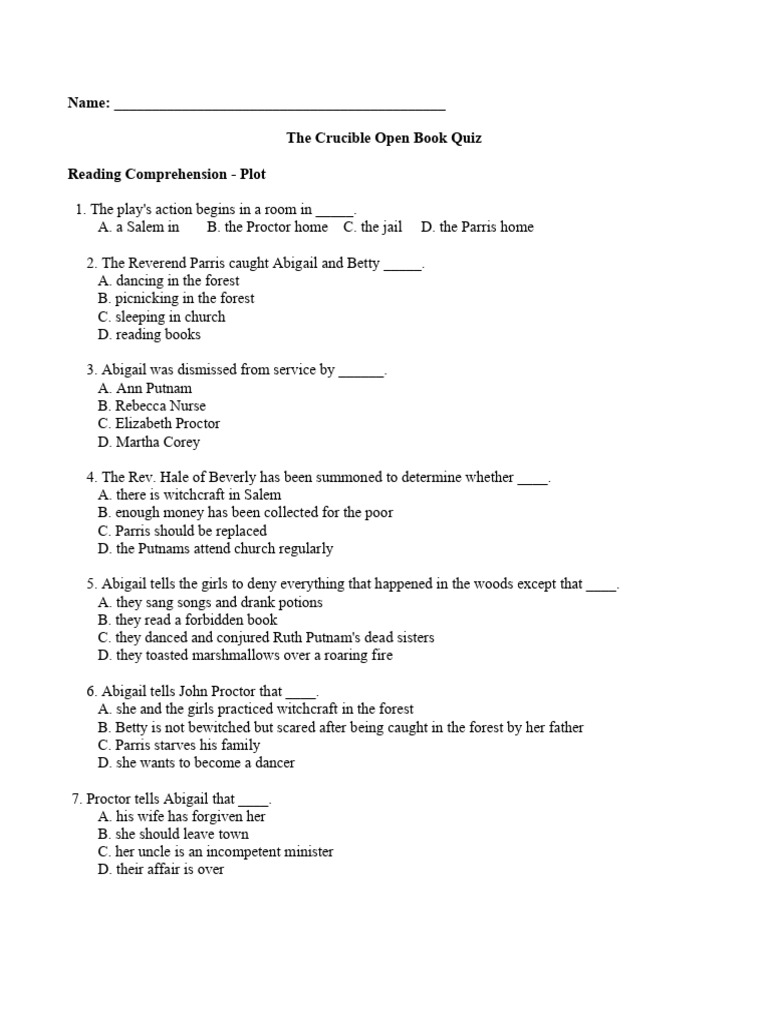 Name: - The Crucible Open Book Quiz Reading Comprehension - Plot | PDF ...