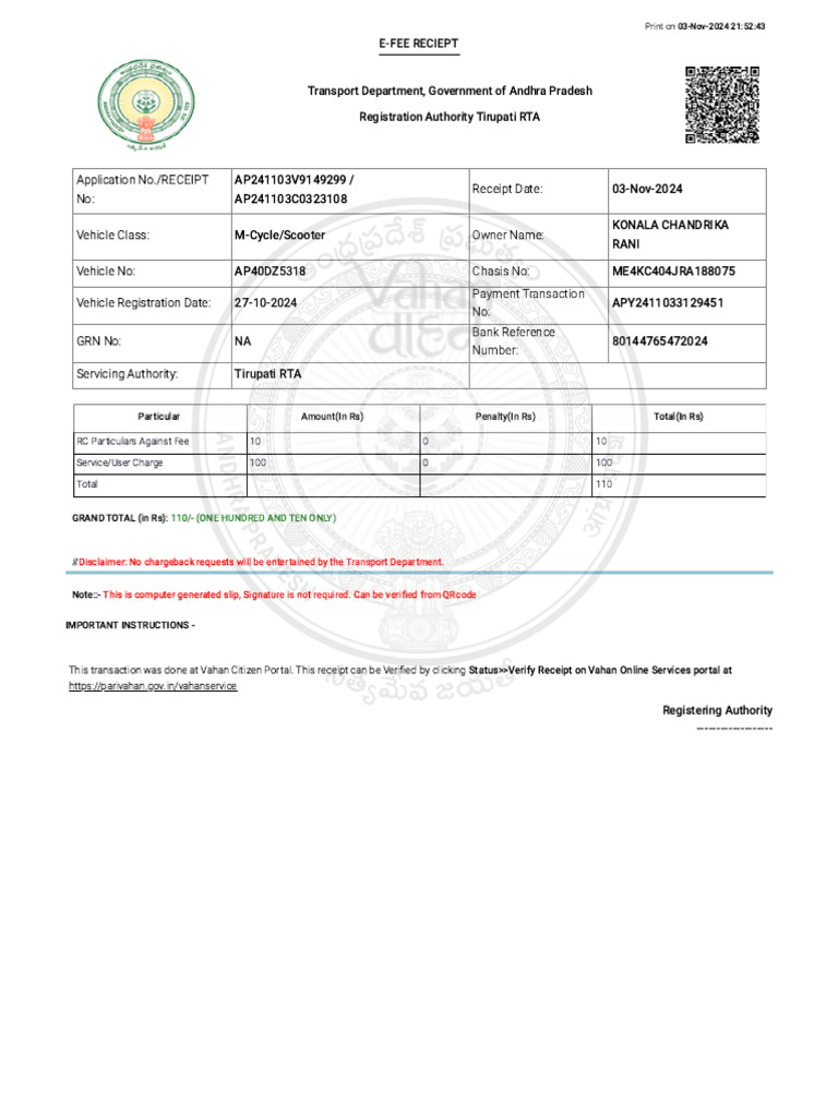 Vahan 4.0 E-Fee Receipt for Registration | PDF | Receipt