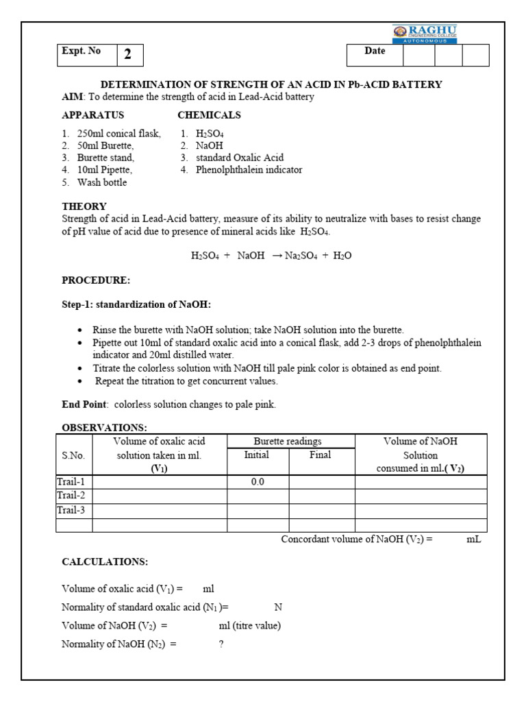 Acid Strength in Lead-Acid Battery | PDF | Titration | Chemistry