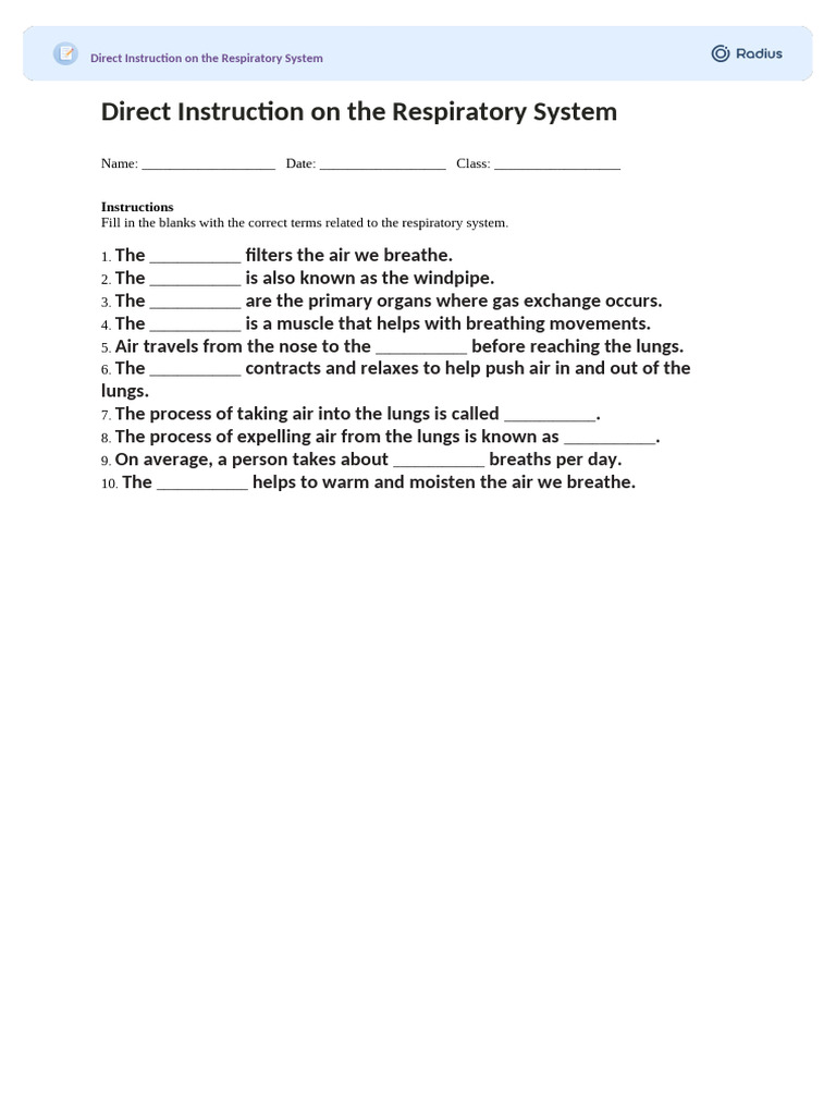 Fill in The Blanks Worksheet - Direct Instruction On The Respiratory ...