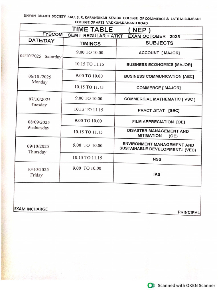 Exam Time Table FYBCOM - BA Sem I Regular+ Atkt | PDF