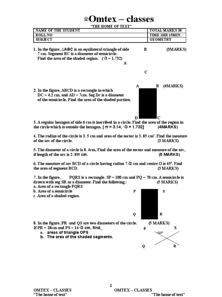 Geometry Exam Questions and Solutions | PDF | Area | Space