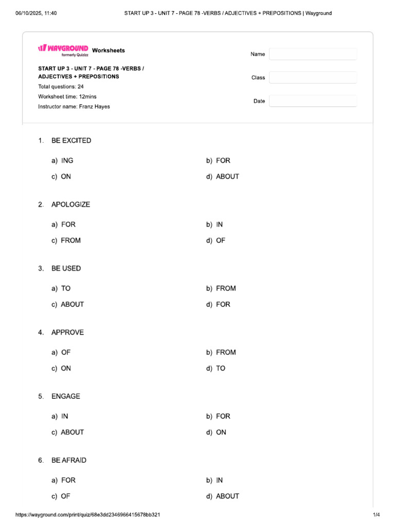 Start Up 3 Unit 7 Page 78 Verbs and Adjectives + Preposition | PDF