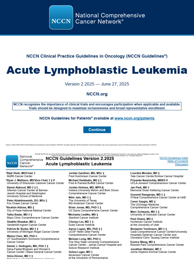 NCCN Guidelines for Acute Lymphoblastic Leukemia | PDF | Leukemia | T Cell