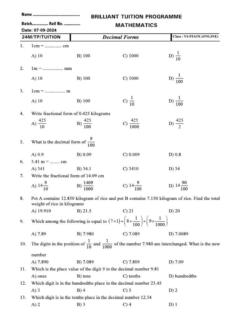 Class Vi (Decimal Forms) 07-09-2024 (BTC State) | PDF