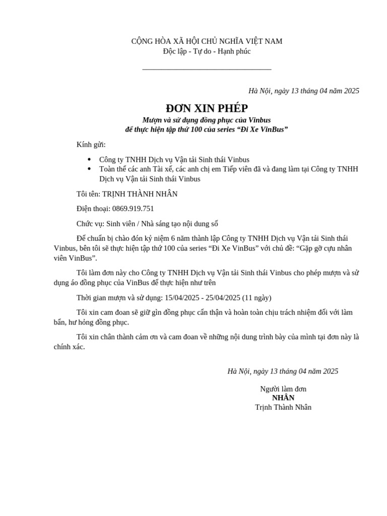 Đơn Xin Phép S D NG Đ NG PH C Vinbus | PDF