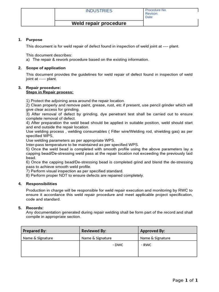 Weld Repair Procedure | PDF | Welding | Construction
