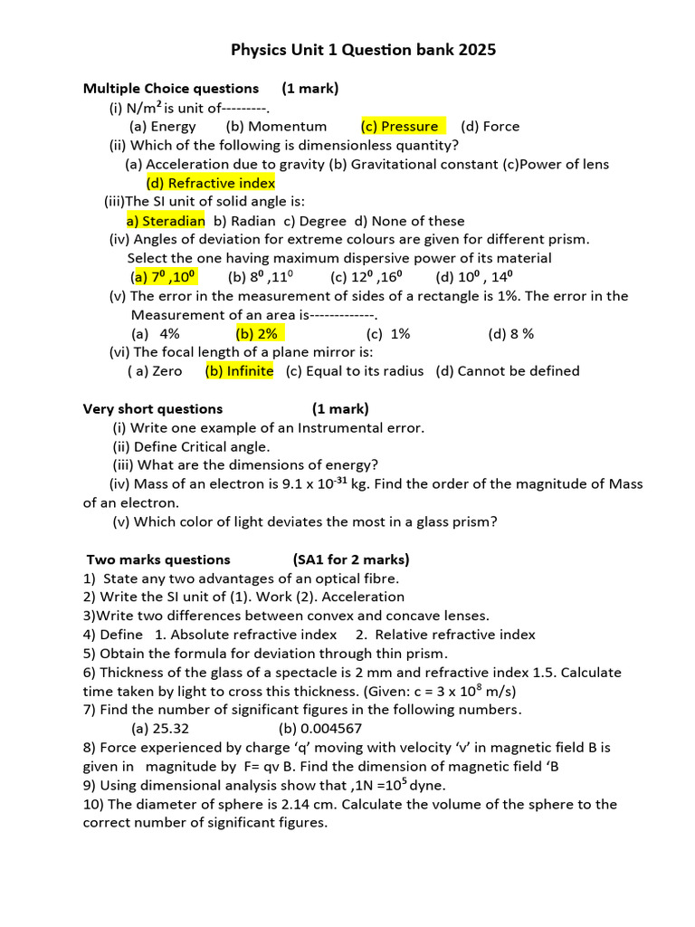 Unit Test One Question Bank | PDF | Refractive Index | Angle