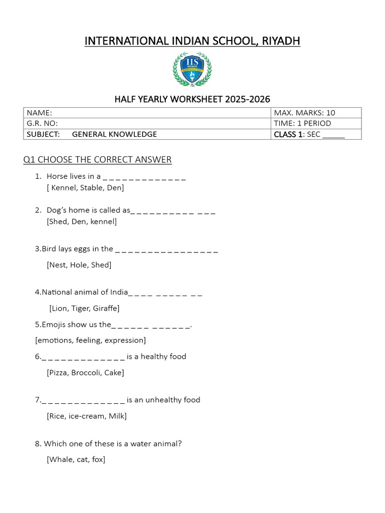 Class 1-GK Worksheet | PDF