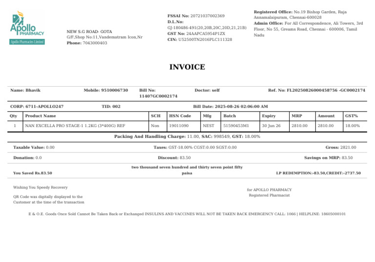 Apollo Pharmacy Invoice Details | PDF | Economy Of India | Sales
