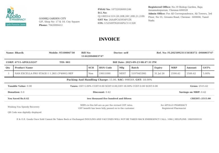 Apollo Medicine InvoiceSep 24 2025-18-05 | PDF | Taxation | Public Finance