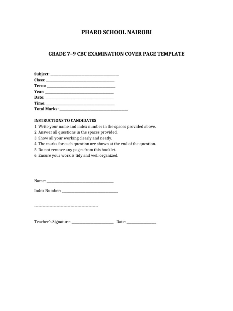 Pharo School CBC Exam Cover Template | PDF