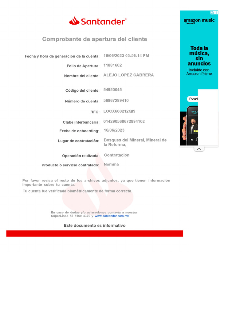 Confirmación de Apertura de Cuenta Bancaria Santander | PDF