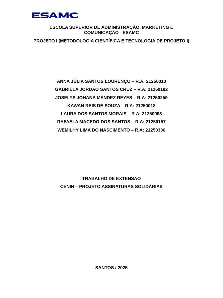 Trabalho de Extensão - Cenin - Assinaturas Solidarias | PDF ...