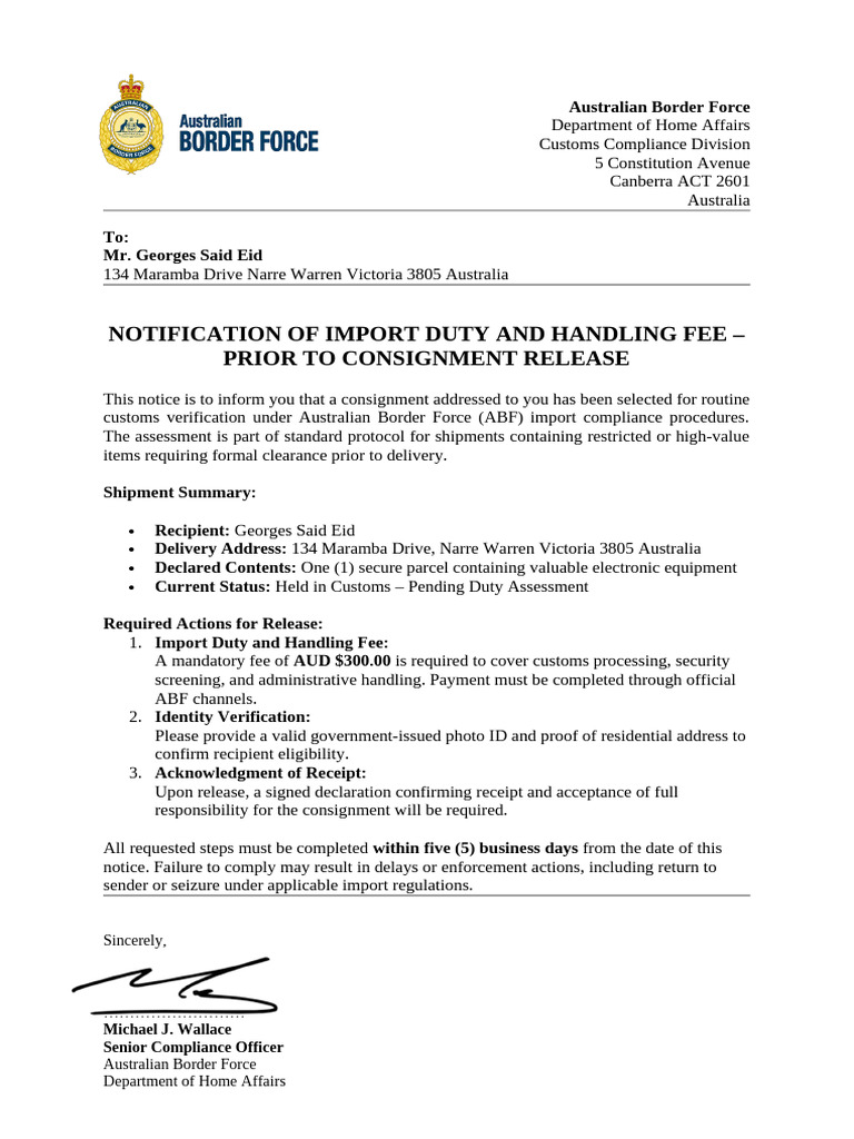 Australian Border Force Notification of Import Duty and Handling Fee - Prior To Consignment ...